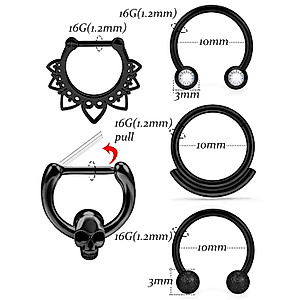 Vsnnsns 16G Septum Jewelry Septum Ring Piercing Jewelry Septum Clicker Ring and Horseshoe Barbell Stainless Steel Captive Bead Ring Septum Nose Rings Hoop for Men Women Black 10mm 12pcs
