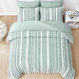 Boho Comforter Set Queen Size Green and White Tufted Ball Striped Design, Shabby Chic Farmhouse Comforter and Sheet Set, 7 Piece Bed in a Bag Pom Pom Complete Bedding Set (90''x90'')