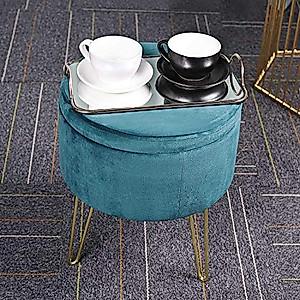 GLOVAL HOME Modern Round Velvet Storage Ottoman Footrest Stool/Seat with Gold Metal Legs & Tray Top Coffee Table,Vanity Stool- (Teal)