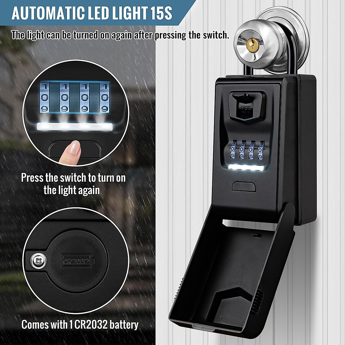 HUANLANG Key Lock Box Outdoor Light Up Lockbox 4 Digit Combination Lock Box for Door Handle Waterproof Key Safe Large Capacity Hide a Key,Security Lock Box for Realtor Home Office Garage Airbnb Gym