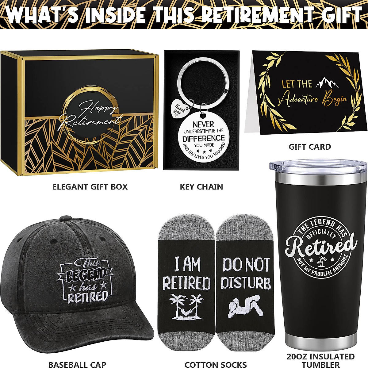 Retirement Gifts for Men 2024, Happy Retirement Gifts for Coworker, Teachers, Boss, Friends, Dad, Grandpa, Retirees, Best Retirement Gifts Set Funny Retired Gifts Basket with Wine Tumbler Baseball Cap