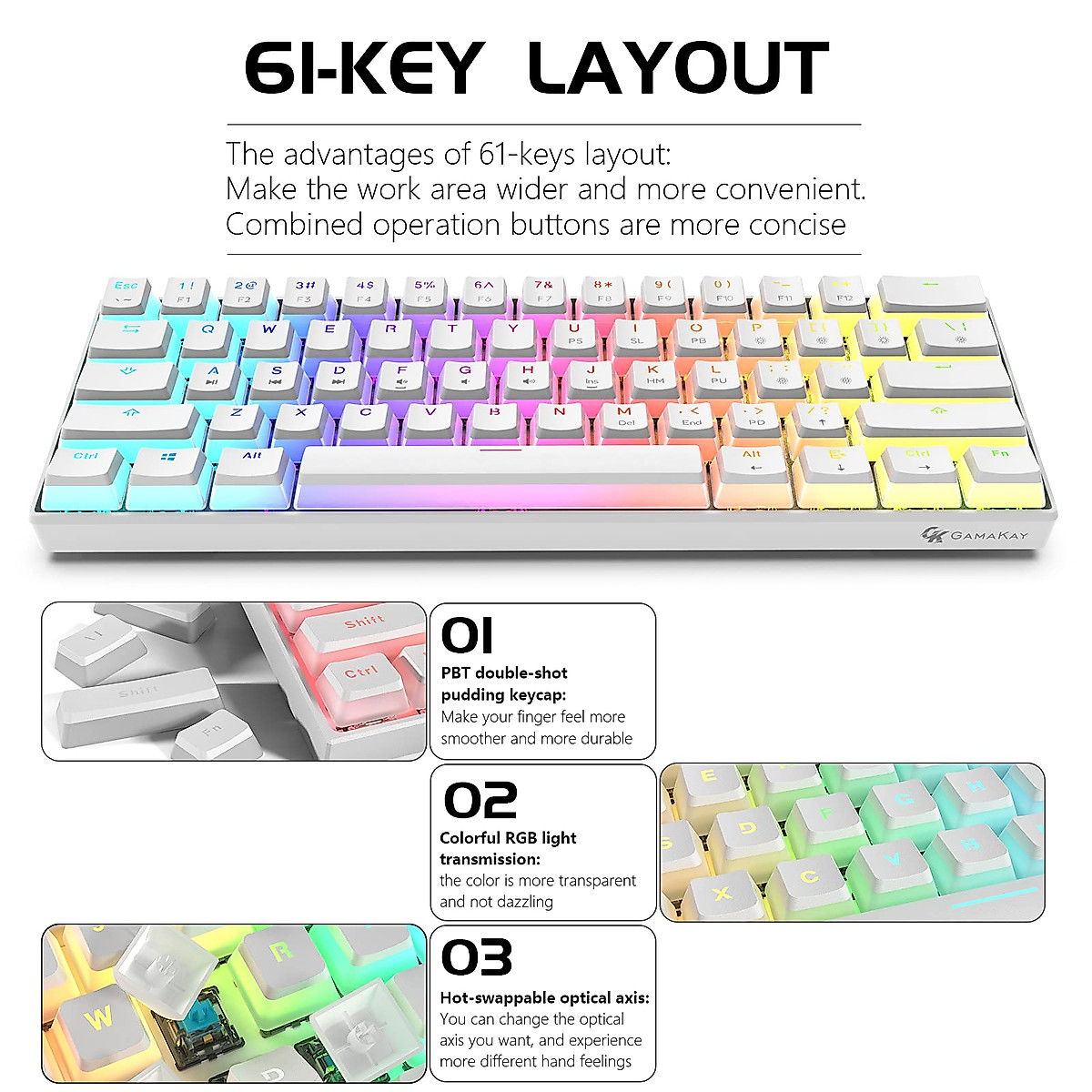 GK GAMAKAY MK61 RGB Pudding Keyboard, 61 Keys Gateron Optical Switch PBT Pudding Keycaps, Hot Swappable Backlit Ultra-Compact Wired Gaming Keyboard for Windows Mac PC Gamers (Brown Switch, White)