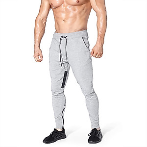 BROKIG Mens Gym Jogger Pants,Casual Slim Workout Sweatpants with Zipper Pockets Bodybuilding Athletic Pants(Gray,M)
