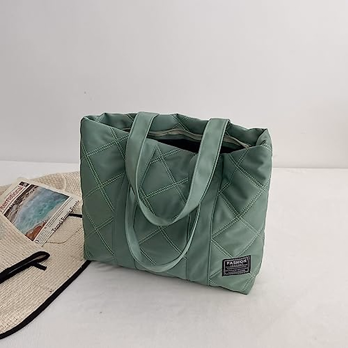 TWOYOMN Oxford Tote Bags for Women Quilted Tote Handle Large Capacity Lightweight Aesthetic Pure Color Tote Work/Business bag (Green)