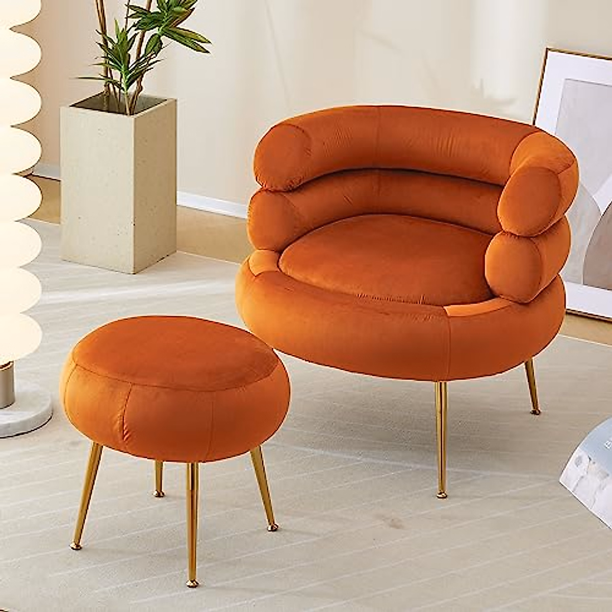 (77 x 72 x 72) Cm(L x W x H) Orange Elvet Accent Chair with Arms for Living Room, Modern Single Sofa Armchair with Ottoman Upholstered Reading Club Chair for Bedroom Office Decorative