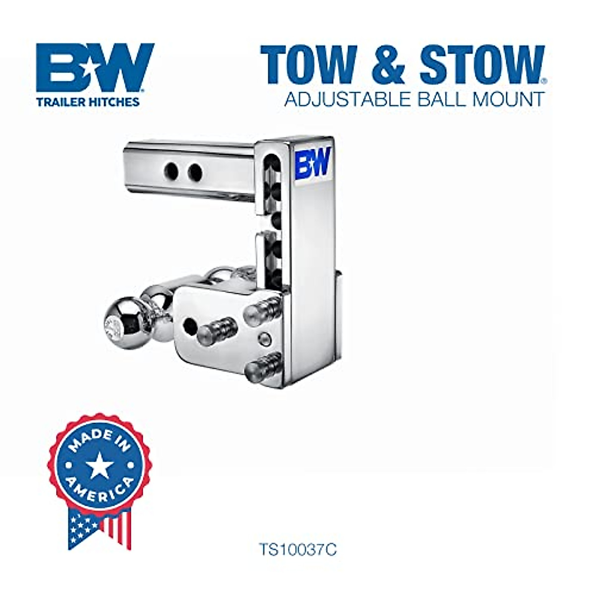 B&W Trailer Hitches Chrome Tow & Stow Adjustable Trailer Hitch Ball Mount - Fits 2" Receiver, Dual Ball (2" x 2-5/16"), 5" Drop, 10,000 GTW - TS10037C
