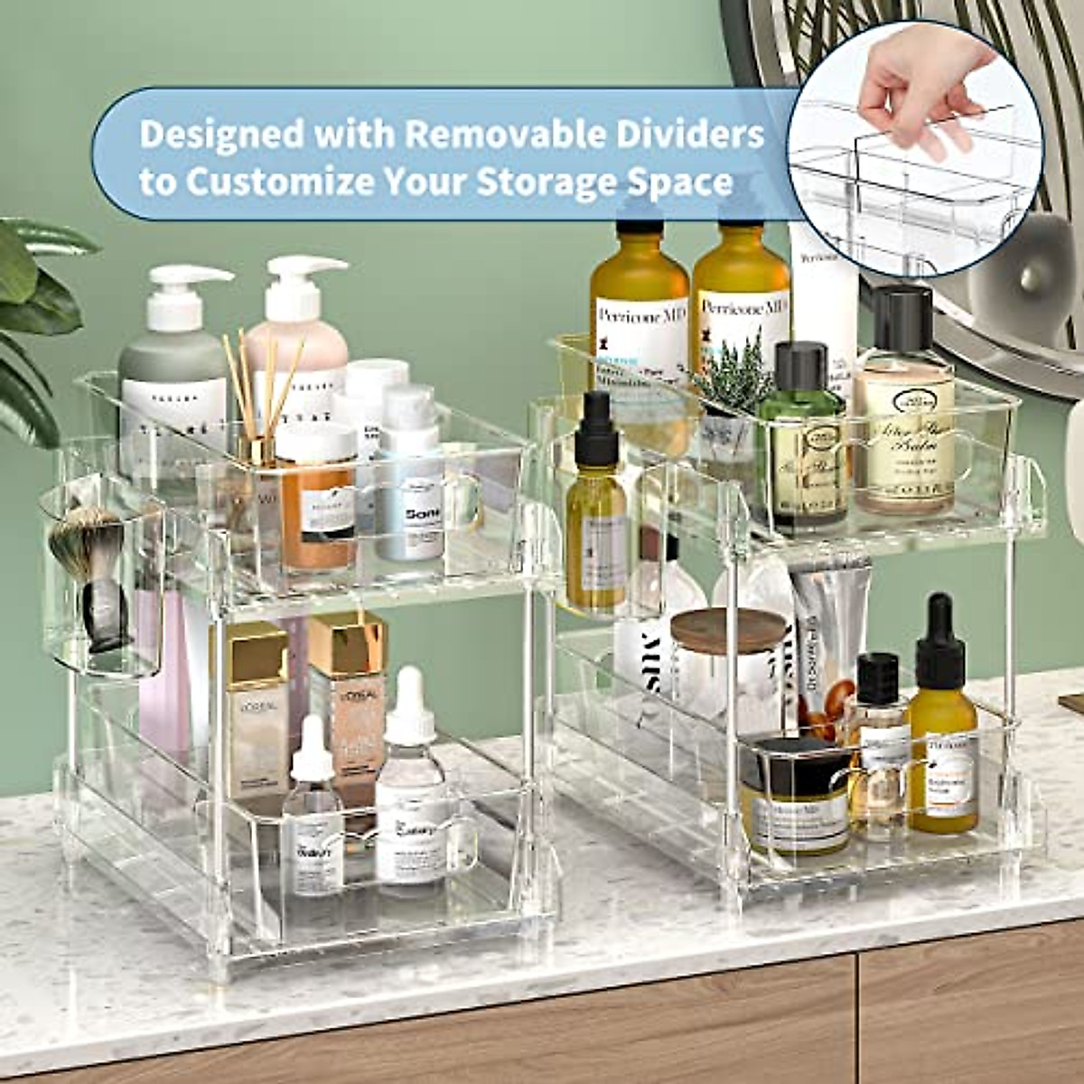 DOMNIU 2 Tier Clear Organizer with Dividers, Pantry Organization and Storage Multi Purpose Slide-Out Bathroom Organizer, Kitchen Pantry Medicine Cabniet Bins, Under Sink Organizer with Hanging Cup