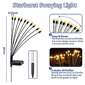 2 Pack 10 Head Solar Powered Firefly Lights, Outdoor Waterproof Starburst Swaying Garden Lights, Swaying When Wind Blows Solar Garden Lights, 10 LED Path Landscape Outdoor Decorative Lights