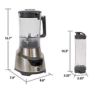 Kenmore Elite 1.3 HP 64 oz Blender With 20 oz Single-Serve Blending Cup, Powerful Ice-Crushing Motor, 8-Cup (1.9L) Tritan Pitcher, 20 oz (600 mL) Travel Cup with To-Go Lid, Grey and Stainless Steel