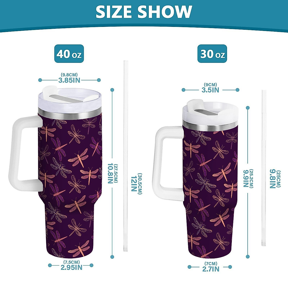 Emelivor Dark Purple Dragonflies 40 oz Tumbler with Lid and Straw Insulated Tumblers with Handle Leak Proof Coffee Tumbler Mug Large Water Bottles for Hot or Ice Coffee Tea