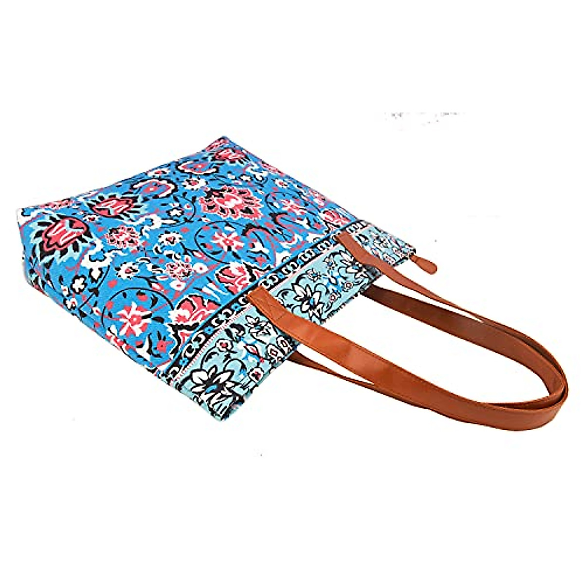 NC Floral Canvas Tote bags Shoulder Bag Women Zip GYM Hiking Picnic Travel Beach Pool Weekend Book Bag(Blue Flor)