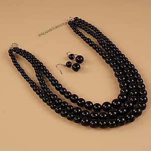 Chargances 3 Layered Beaded Strand Choker Pearl Statement Necklace and Earrings Set Round Ball Chunky Bib Collar for Women Girls Gift Festival Party (Black)
