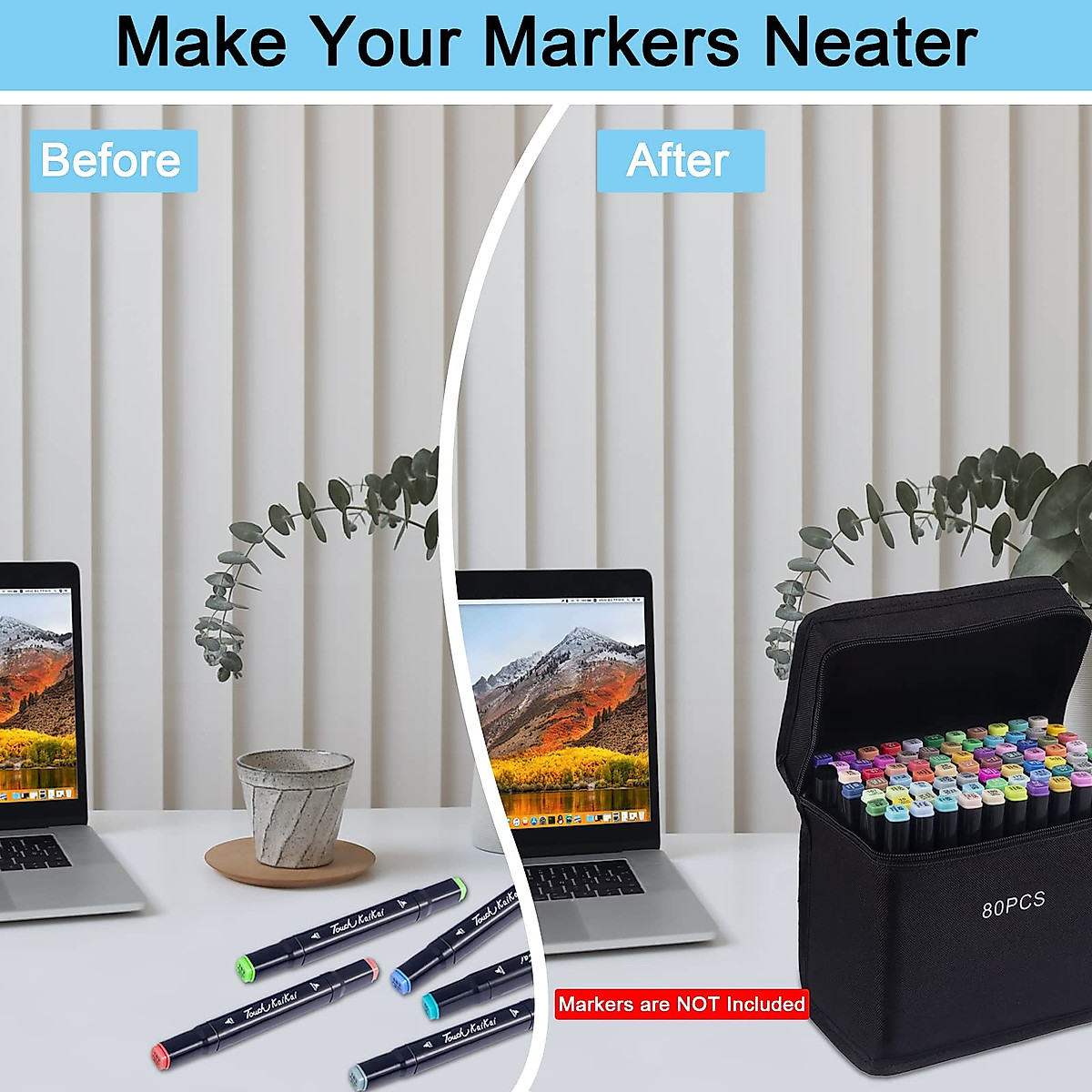 chfine Marker Case, Canvas Zippered Pen Bag Pencil Organizer for 80 Pcs Markers, Soft Stationary Storage Portable Large Capacity Organizer for School Students Teen Boys Girls, Black