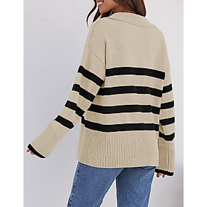 ZESICA Women's Winter Sweaters Lapel V Neck Long Sleeve Striped Chunky Knit Oversized Pullover Sweater Jumper Tops,Apricot,X-Large