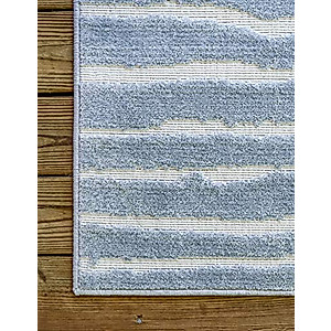 Unique Loom Sabrina Soto Outdoor Collection Geometric, Modern, Vibrant, Striped Carved Area Rug, 9 ft x 12 ft, Light Blue/Ivory
