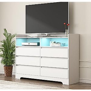 CIPACHO White Dresser for Bedroom,Modern 6 Drawer Dresser with LED Light and Open Shelf,Wide Storage Chest of Drawers,Bedroom Storage Furniture
