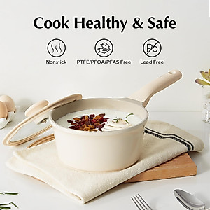 ROCKURWOK Ceramic Nonstick Sauce Pan with lid, 2QT Small Pot for Cooking, Stay-cool Handle, Non Toxic & PFAS-Free, Compatible with All Cooktops