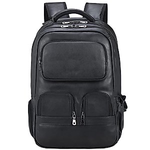Masa Kawa Full Grain Leather 15.6 Inch Laptop Backpack for Men Black Large Business Travel Rucksack Bag Overnight Daypack