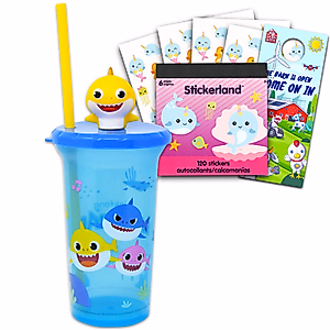 PinkFong Baby Shark Baby Shark 15oz Cup Set for Kids, Boys ~ Bundle Refillable with Straw, and Additional Stickers | School Supplies, Sports, More