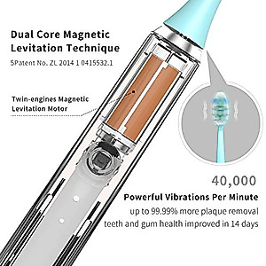 YUNCHI Sonic Electric Toothbrush for Adults & Kids, Y7 Rechargeable Toothbrushes, 10 Dupont Brush Heads, 5 Modes Fast Charge for 30 Days, 40,000 VPM Motor & 2 Mins Timer Tooth Brush, Green