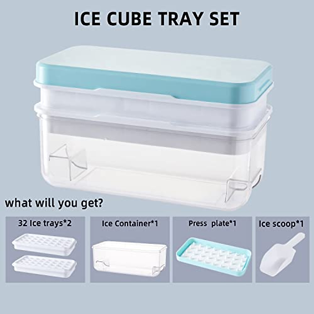 Silicone Ice Cube Tray with Lid and Bin for Freezer, Easy Release & Stackable, BPA Free, Small Ice Cube Tray Mold Making 64 Pieces for Cocktails, Whiskey, Chocolate Tea Coffee