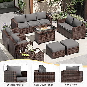 Amopatio Outdoor Patio Furniture Sets, 8 Pieces Wicker Patio Furniture, Outdoor Sectional Patio Couch Set with Ottoman, Outdoor Conversation Set with 44" Gas Fire Pit for Outside (Grey)