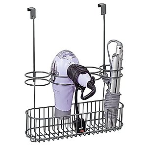 mDesign Metal Over Door Bathroom Hair Care & Styling Tool Organizer Storage Basket for Hair Dryer, Flat Irons, Curling Wands, Hair Straighteners - Hang Inside/Outside Cabinet Doors - Graphite Gray