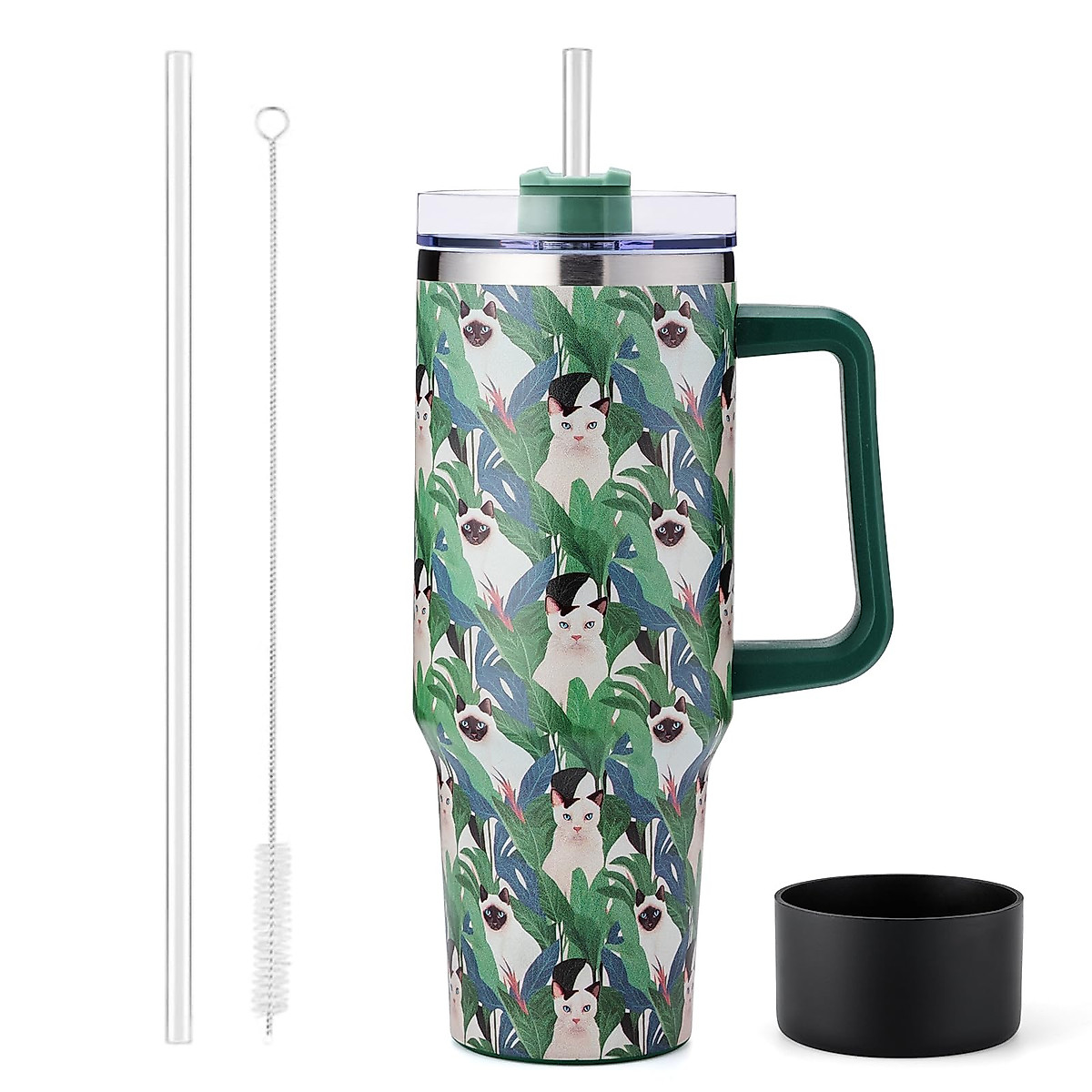 40 oz Tumbler with Handle and Straw, Cats with Leaves Insulated Travel Mug Iced Coffee Cup, Reusable Stainless Steel Insulated Water Bottle, Keeps Drinks Cold for 34 Hours, Dishwasher Safe, BPA Free