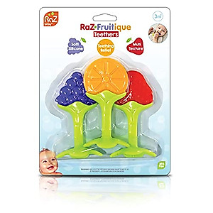 RaZbaby Infant & Baby Massager & Teether Toy 3-Pack, Fruit-Shaped Multi-Texture Teethers Soothe Sore Gums, Non-Toxic BPA-Free Food-Grade Silicone, Hands-Free & Easy to Hold, Safe to Freeze, 3M+
