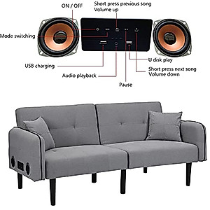 MWrouqfur 76" Convertible Folding Futon Sofa Bed with Bluetooth Speaker,Modern Linen Fabric Upholstered Sleeper Couch Bed,Recliner Loveseat with Armrest and 2 Pillows for Living Room,Bedroom,Office