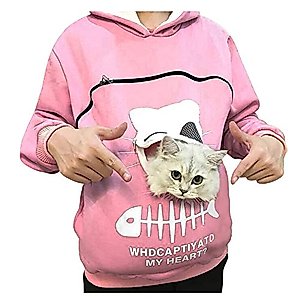 Women's Kitten Print Teen Hoodies Whdcaptiyated My Heart Solid Sweatshirts Cat Pouch Zipper Pet Carrier Sweatshirt Pink