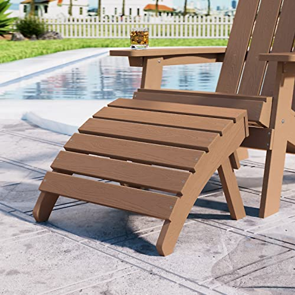 MXIMU Folding Adirondack Ottoman, Plastic Adirondack Footstool, Premium All Weather Ottoman for Adirondack Chairs, Wide Use in Backyard, Garden, Lawn, Porch, Poolside (Teak)
