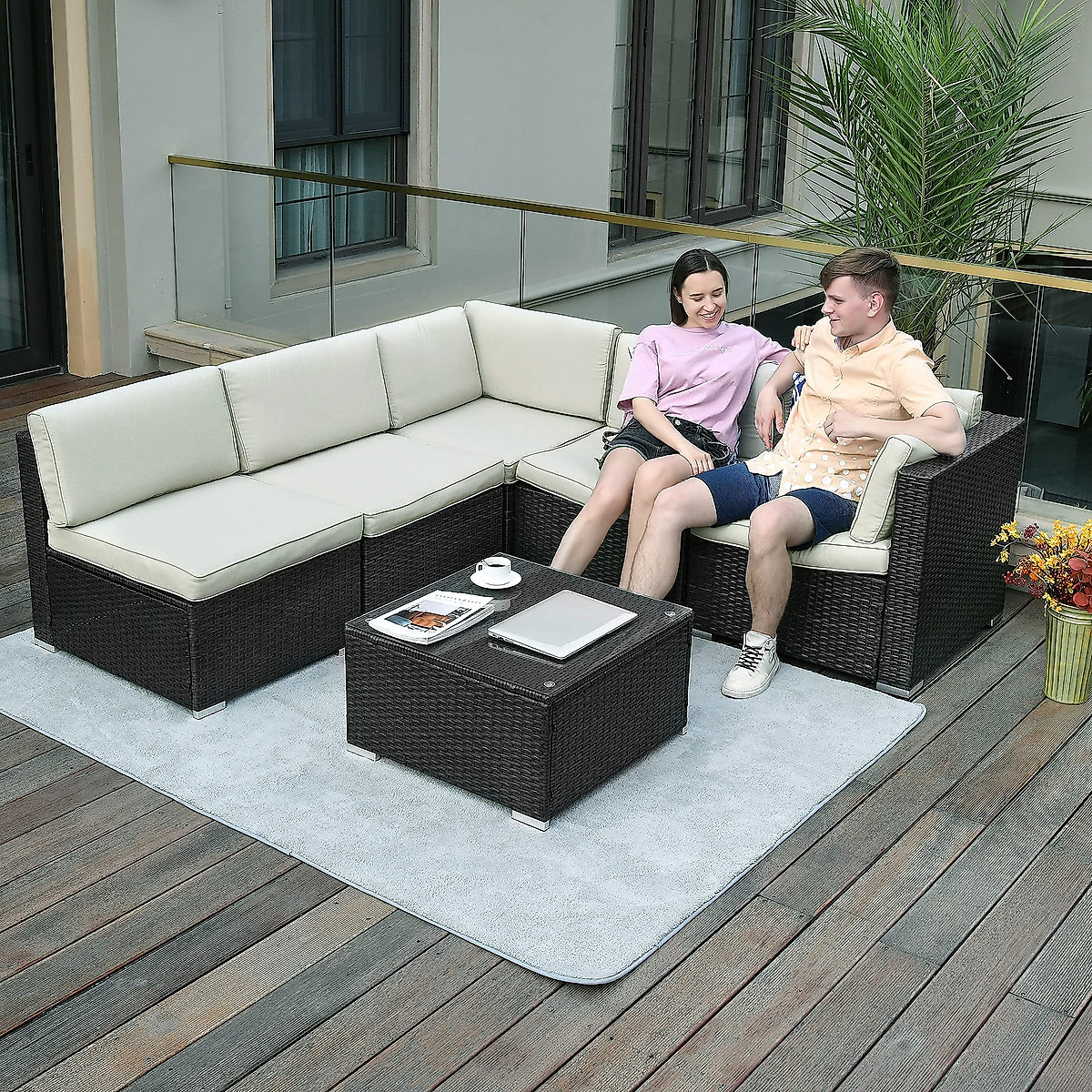 YITAHOME 6 Pieces Patio Furniture Set, Outdoor Sectional Sofa PE Wicker Conversation Set Outside Couch with Table for Porch Lawn Garden Backyard, Black