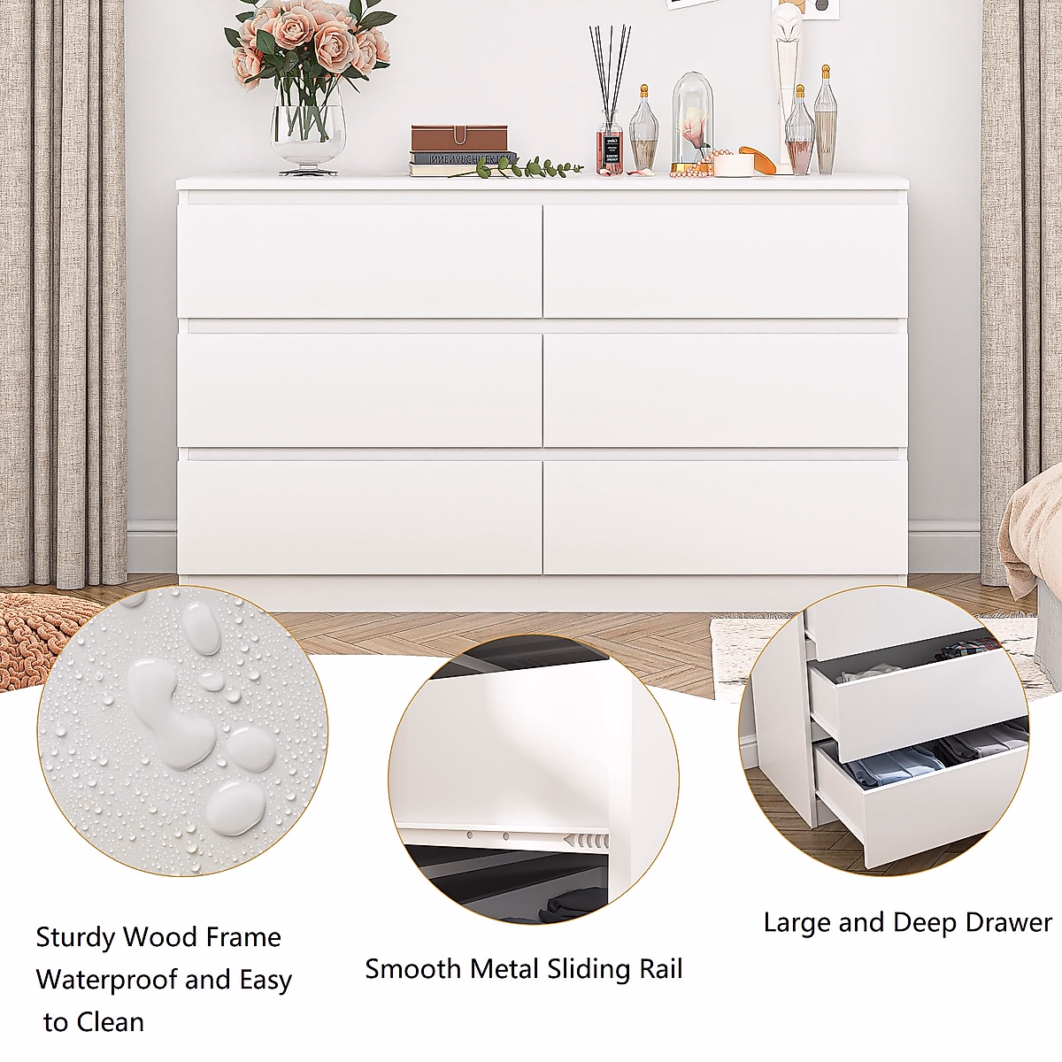 Spaco White Dresser for Bedroom,6 Drawer Dresser,Chest of Drawers & Dresser,Wood Dresser,Dresser Bedroom Furniture,Wide TV Stand Dresser for Nursery,Kid's Room