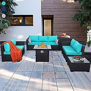 Rattaner 6 PCS Patio Furniture Set Fire Table Outdoor Furniture Sets Gas Fire Pit with Outdoor Storage Box Glass Coffee Table and Waterproof Covers Anti-Slip Turquoise Cushions