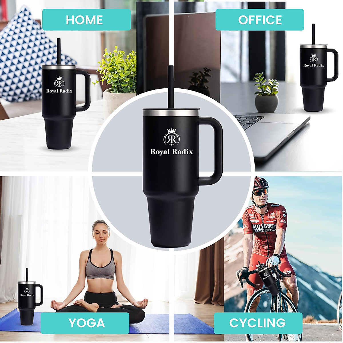 Royal Radix 40oz Insulated Tumbler with Handle & Straw, Stainless Steel Travel Mug, Leak-Proof, Hot & Cold Beverage Cup, BPA-Free, Dishwasher Safe, for Coffee & Water