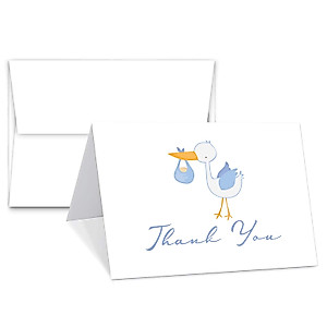 Baby Boy Blue Stork Thank You Greeting Cards, Baby Shower Greetings, Invitation Congratulations Celebration Celebratory Appreciation Gift Cards – 25 per Pack, Envelopes Included – 4.25" x 5.5"