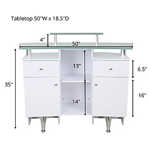 DERMALOGIC Glasglow I Reception Desk with Glass Top, Office Restaurant Beauty Salon Furniture, White 50" L x 19" W