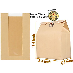35PCS Large Paper Bread Bags Sourdough Bread Paper Bags for Homemade Bread Kraft Paper Bakery Bags with Window Include 35PCS Label Seal Sticker for Baked Food Packaging Storage (13.6x8.3x4.0 inch)