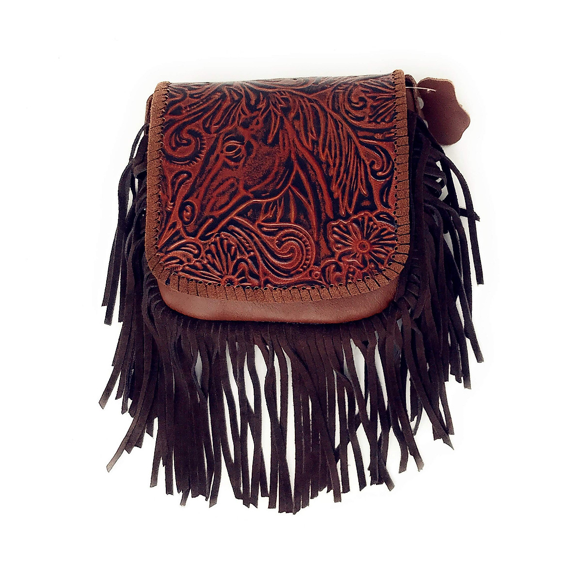 Texas West Western Genuine Leather Tooled Horse Fringe Women's Crossbody Bag in 2 colors (Brown)