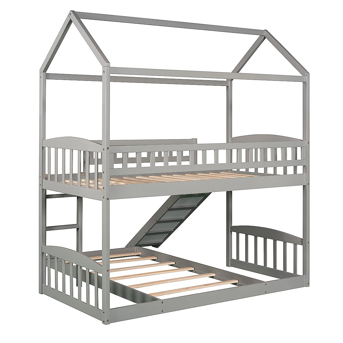 Harper & Bright Designs Twin Over Twin Bunk Bed with Slide, House Bunk Bed with Slide, Playhouse Bed for Toddlers Kids Girls Boys - Gray
