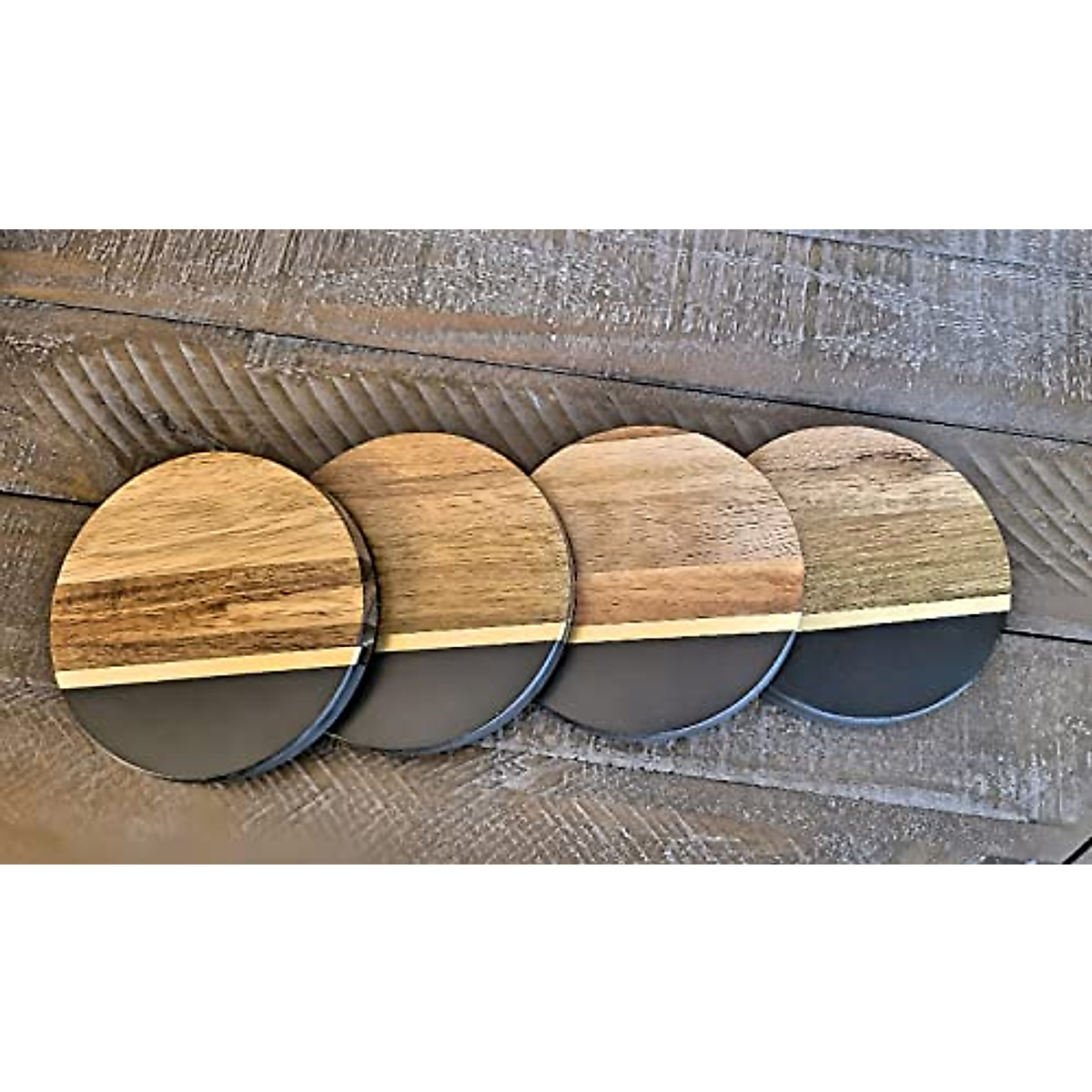 Black Slate & Acacia Wood Coasters with Brass Inlay, Set of 4