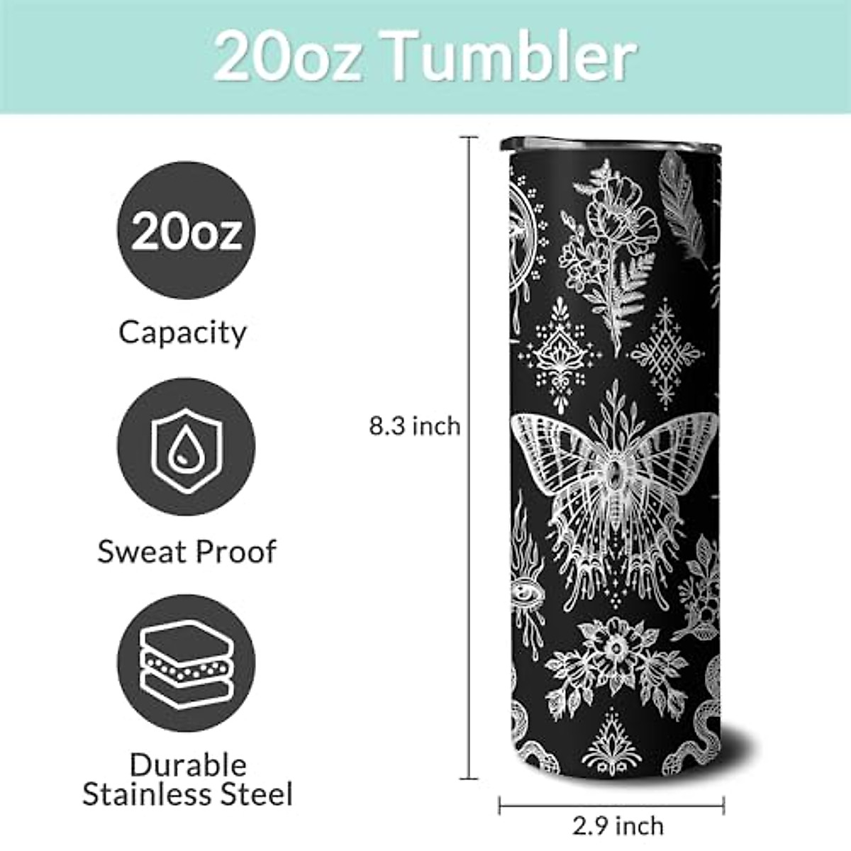 owbgsdh 20 oz Goth Skinny Tumblers with Lid and Straw, Butterfly Stainless Steel Vacuum Insulated Travel Coffee Mug Cup Water Bottle, Gothic Decor Stuff Accessories, Gifts for Women Girls Goth Lover