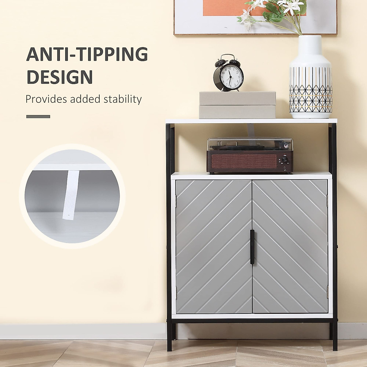 HOMCOM Storage Cabinet with Open Shelf and Double Door Cupboard, Accent Cabinet with Herringbone Panel and Steel Frame, Gray