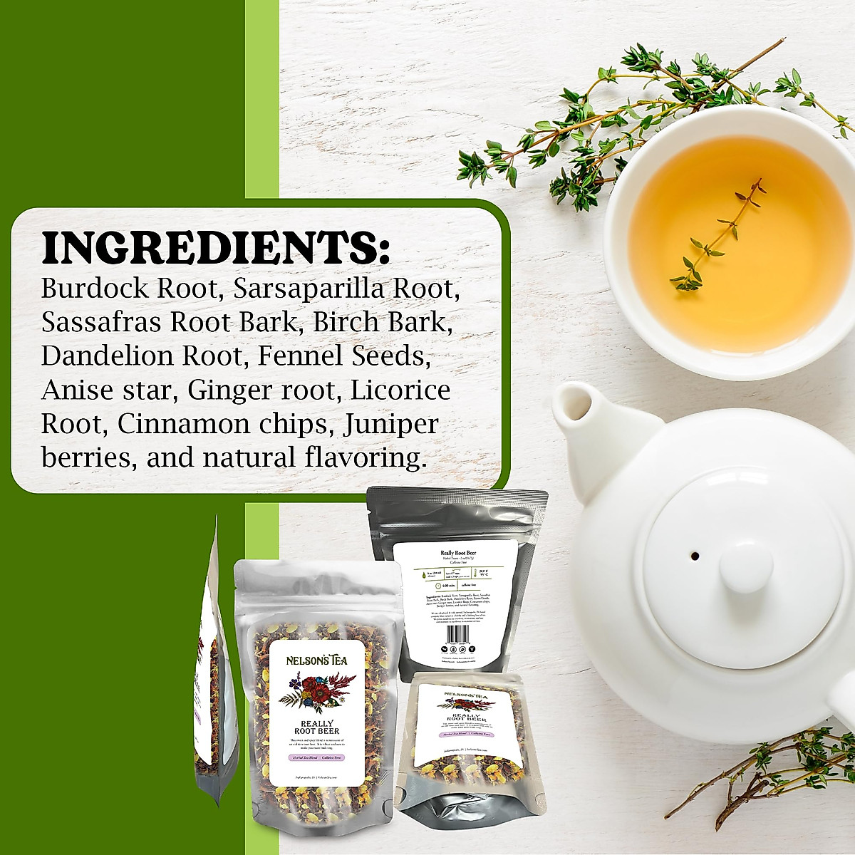 Nelson's Tea Really Root Beer - Sarsaparilla Root Herbal Loose Leaf Tea; Blend of Flavors like Sarsaparilla Root, Burdock Root, and More! - 16 oz