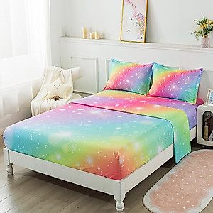 ADASMILE A & S Rainbow Sheets Twin Size for Girls Tie Dye Pastel Girls Sheet Set for Kids Teens Glitter Girly Rainbow Bedding Set 1 Fitted Sheet 1 Flat Sheet 1 Pillowcase Soft Microfiber Home Decor