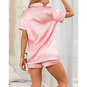 YIMANIE Womens Silk Satin Pajama Sets Two-piece Short Sleeve Shirt and Shorts Button Down Pj Set Loungewear Pink