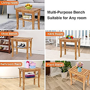 Kinfant Bathroom Bamboo Shower Bench - Spa Bath Shower Stool with Storage Shelf, Wooden Seat for Inside Shower (Style 2)