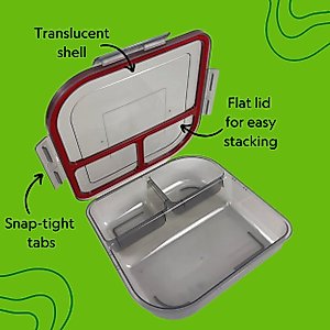 MyGo Container Large To-Go 3-Compartment Food Container, 9-3/8" X 9-3/8" X 2-1/2", Reusable, Microwave Safe, Smoke/Red