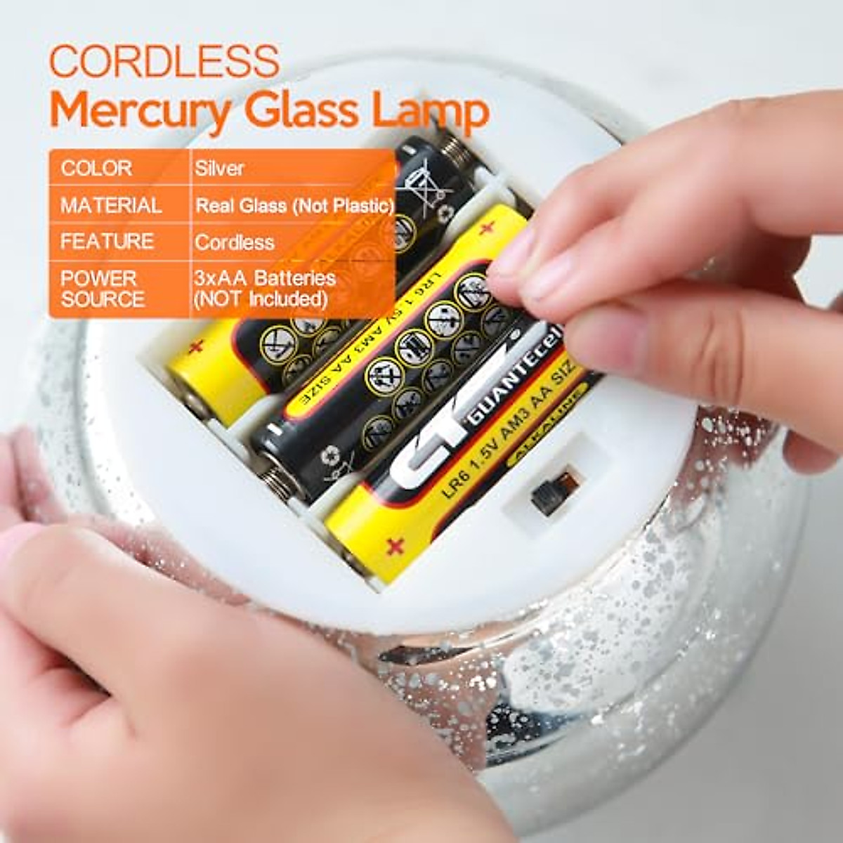 Lighted Mercury Glass Ball Table Lamp, Silver Cordless Glass Orb Christmas Decor Ball Led Light Globe, Modern Light Up Battery Operated Sphere Glass Night Light for Home Bedroom Indoor Decor, Large